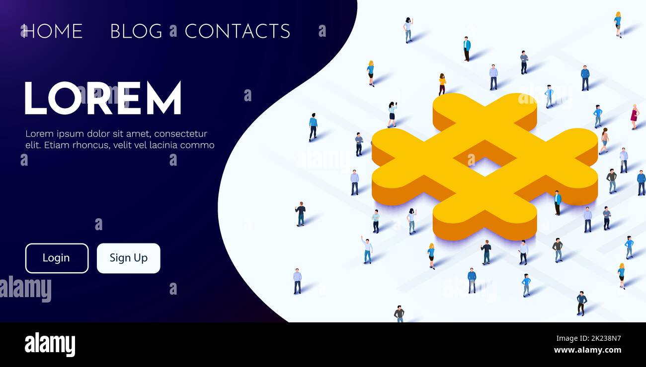 Big people crowd gathering around hashtag symbol social media and ...