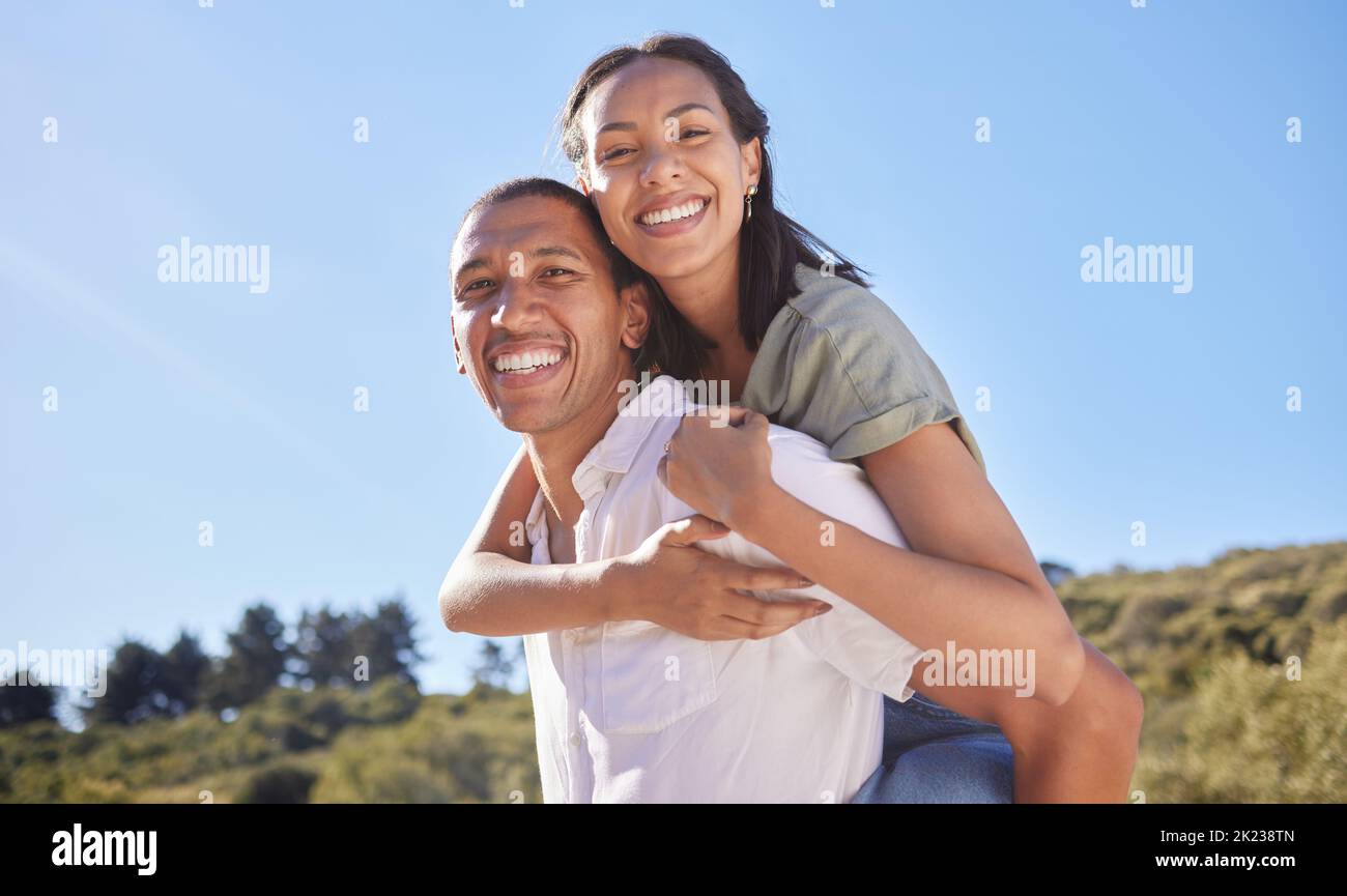 Love, happy couple and travel adventure with young lovers out hiking ...