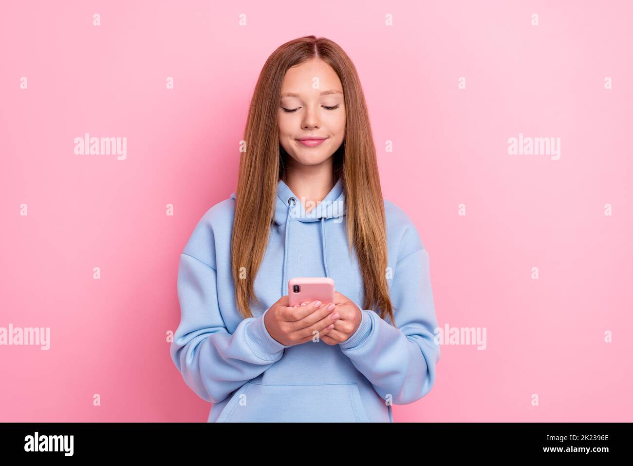 Photo of young funny positive cute pretty nice girl wear blue sweater ...