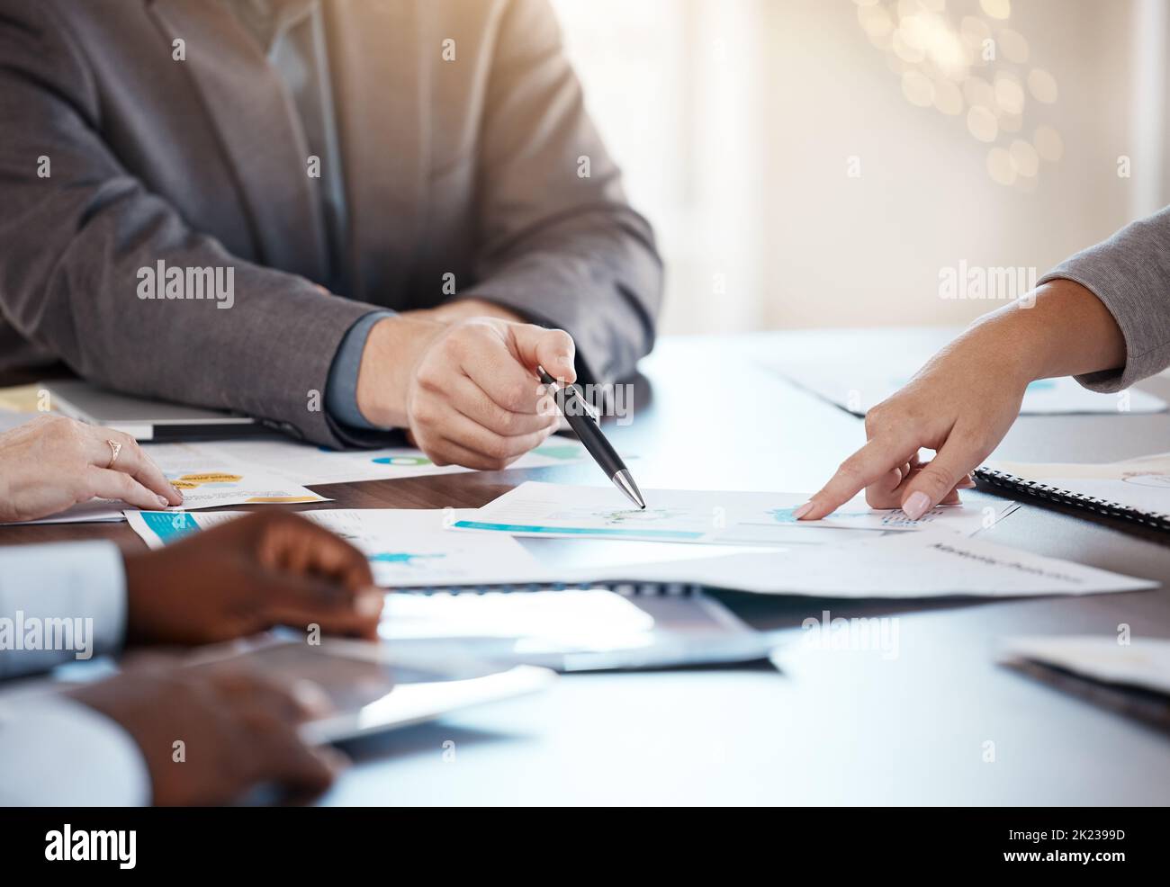 Corporate table, documents and hands in conversation on business ...