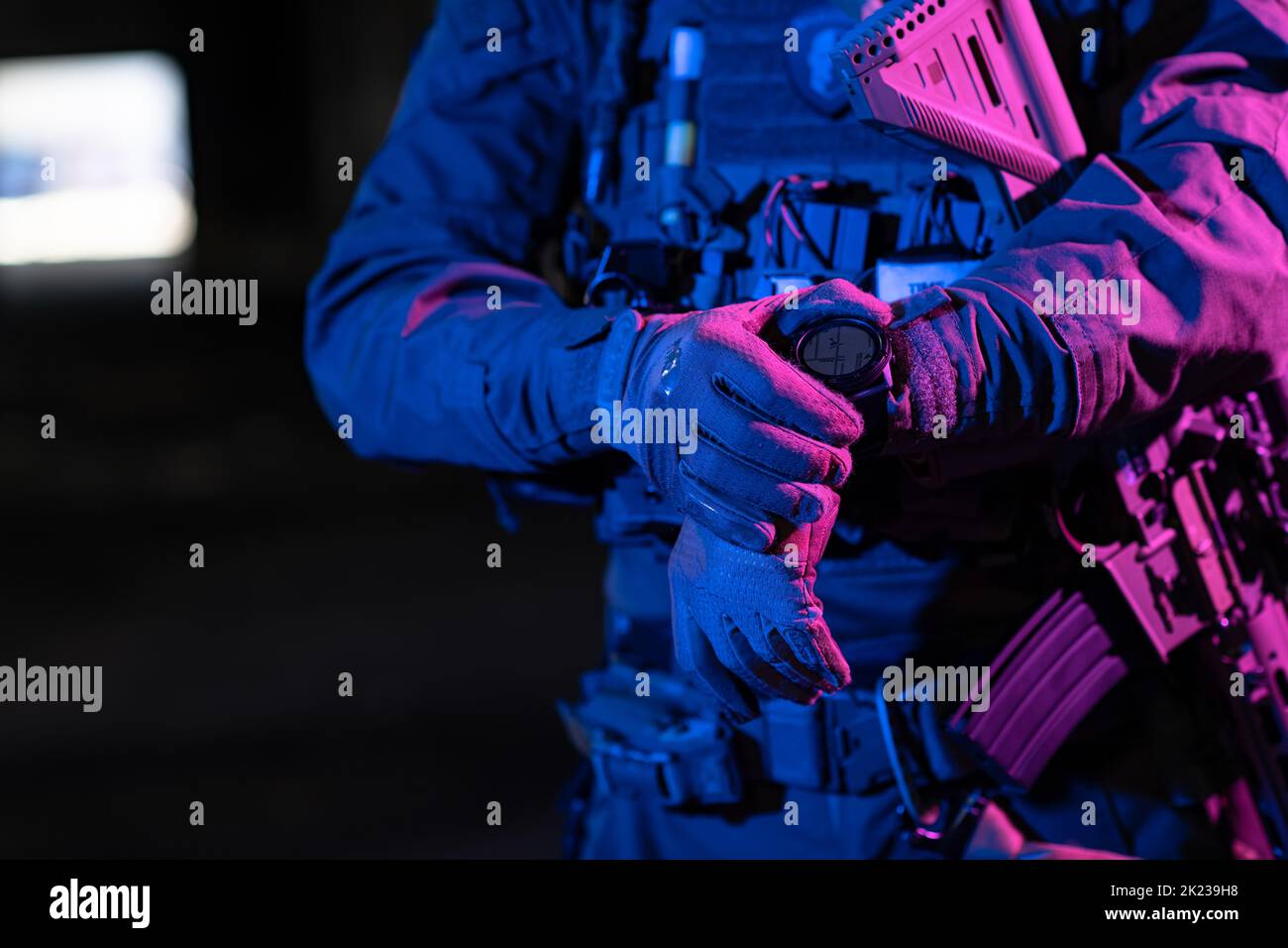 Modern warfare soldier checking navigation, time and other information ...