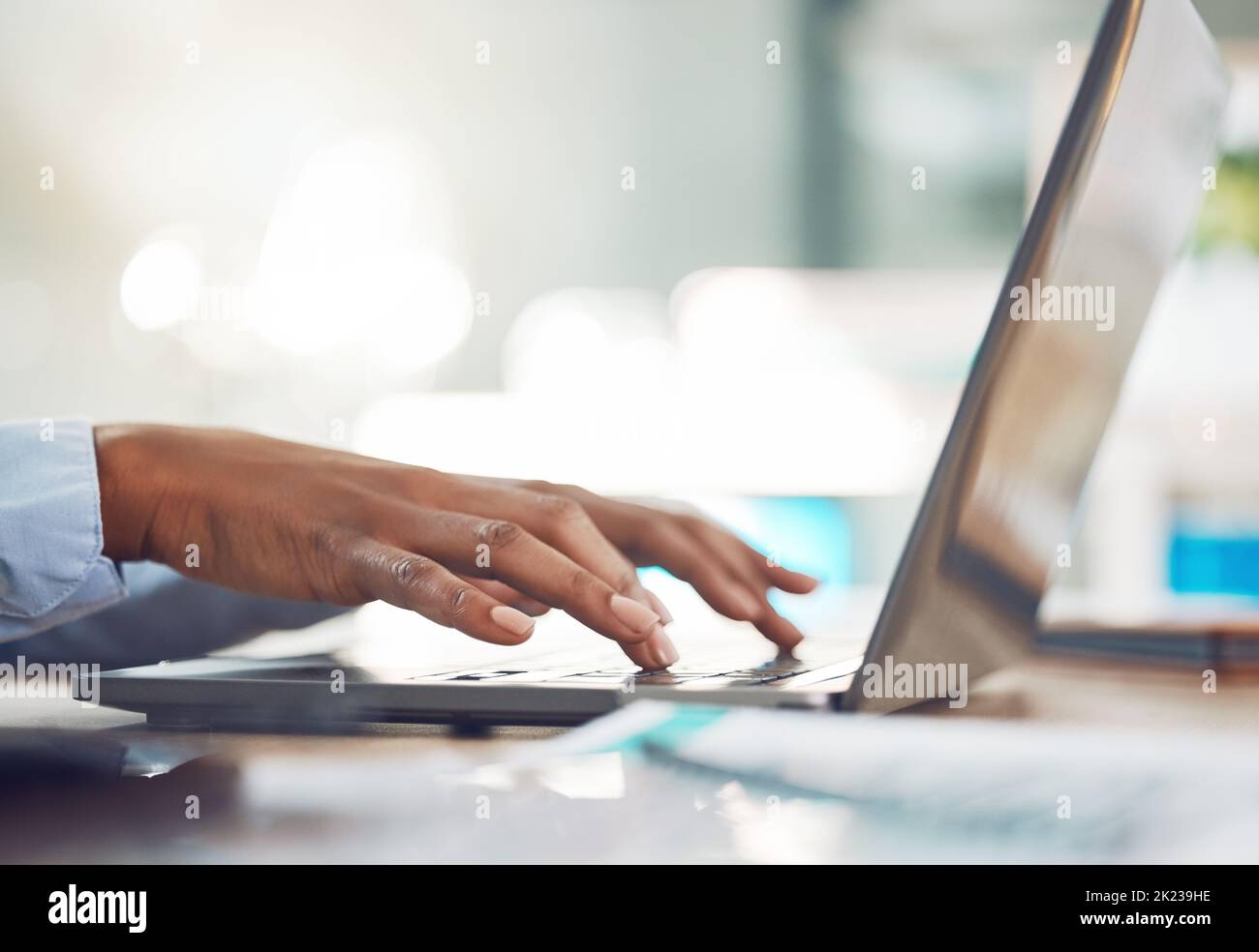 Hands typing, research and working business woman on a work laptop busy ...