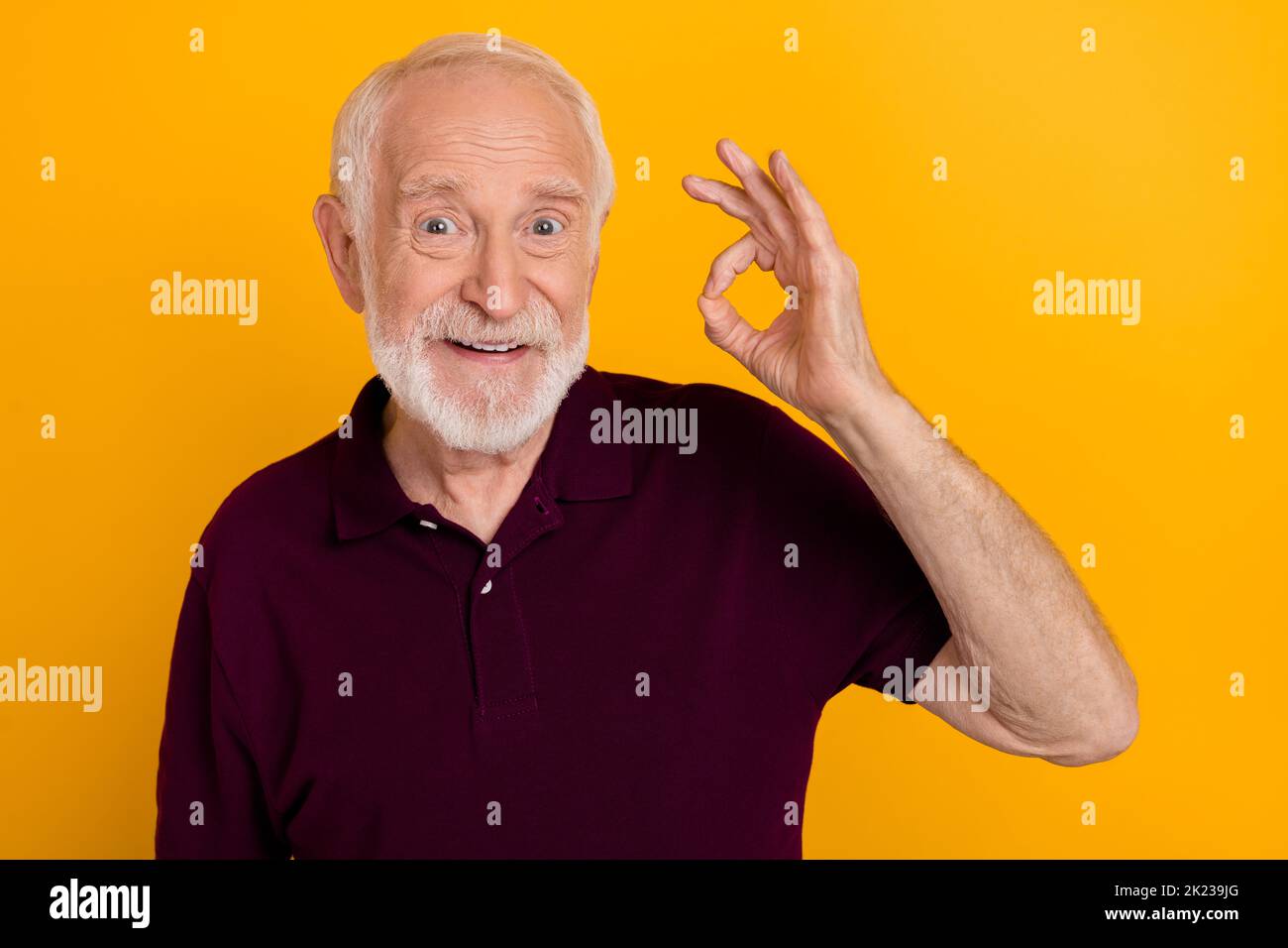 Photo of cheerful mature man show fingers okey symbol approve promo ...
