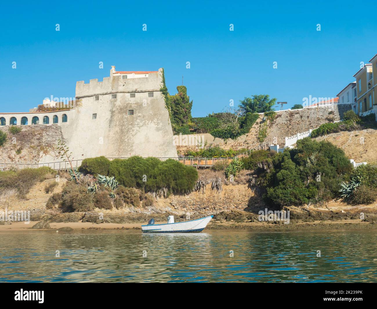 View of medieval fort Forte de Sao Clemente over the Mira river with ...