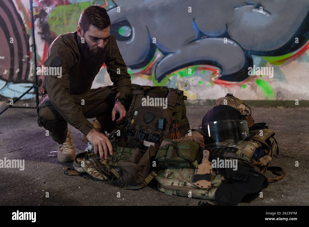 Army body armor, helmet and ammunition, Kalashnikov assault rifle with ...