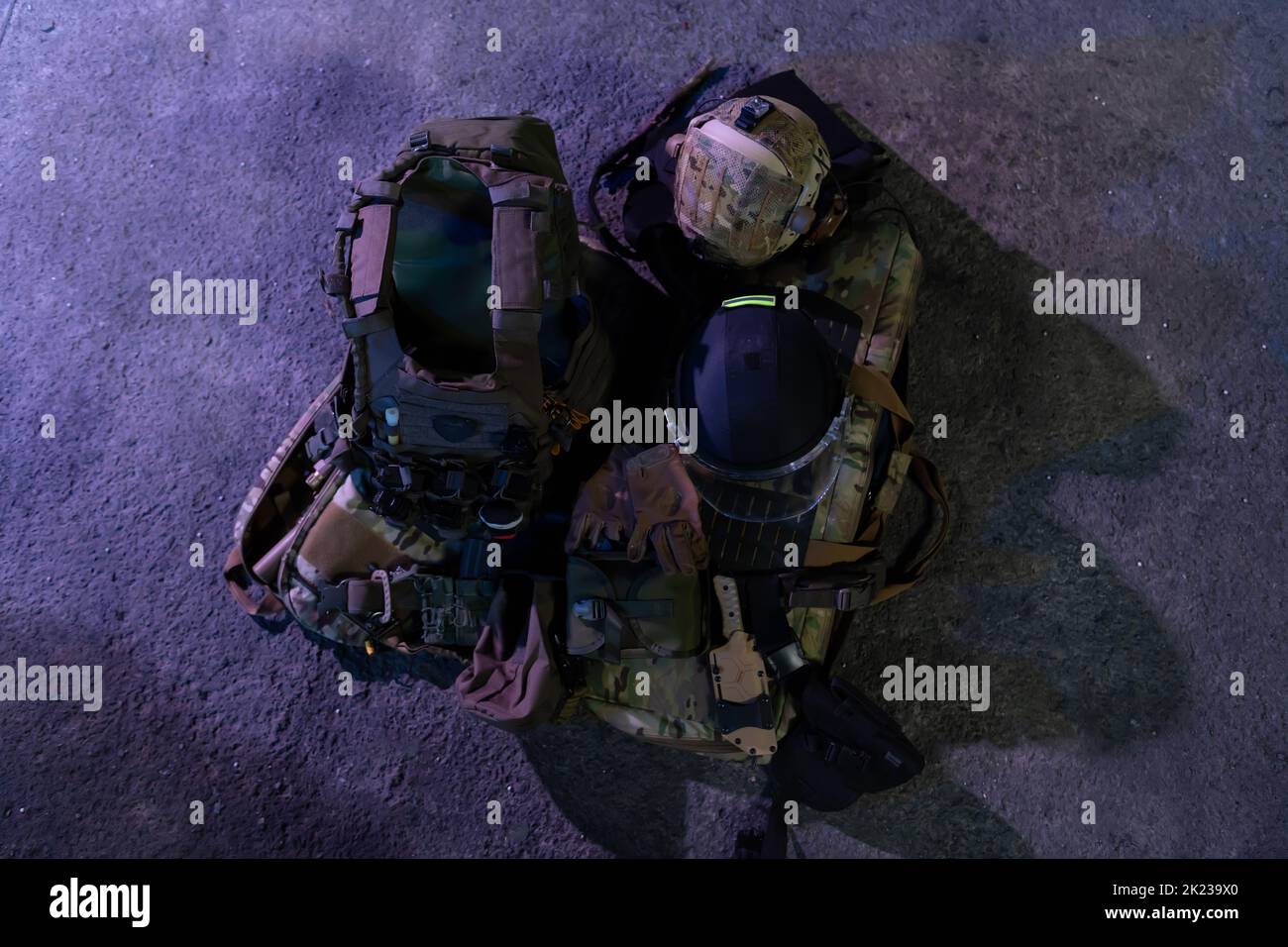 Army body armor, helmet and ammunition, Kalashnikov assault rifle with ...