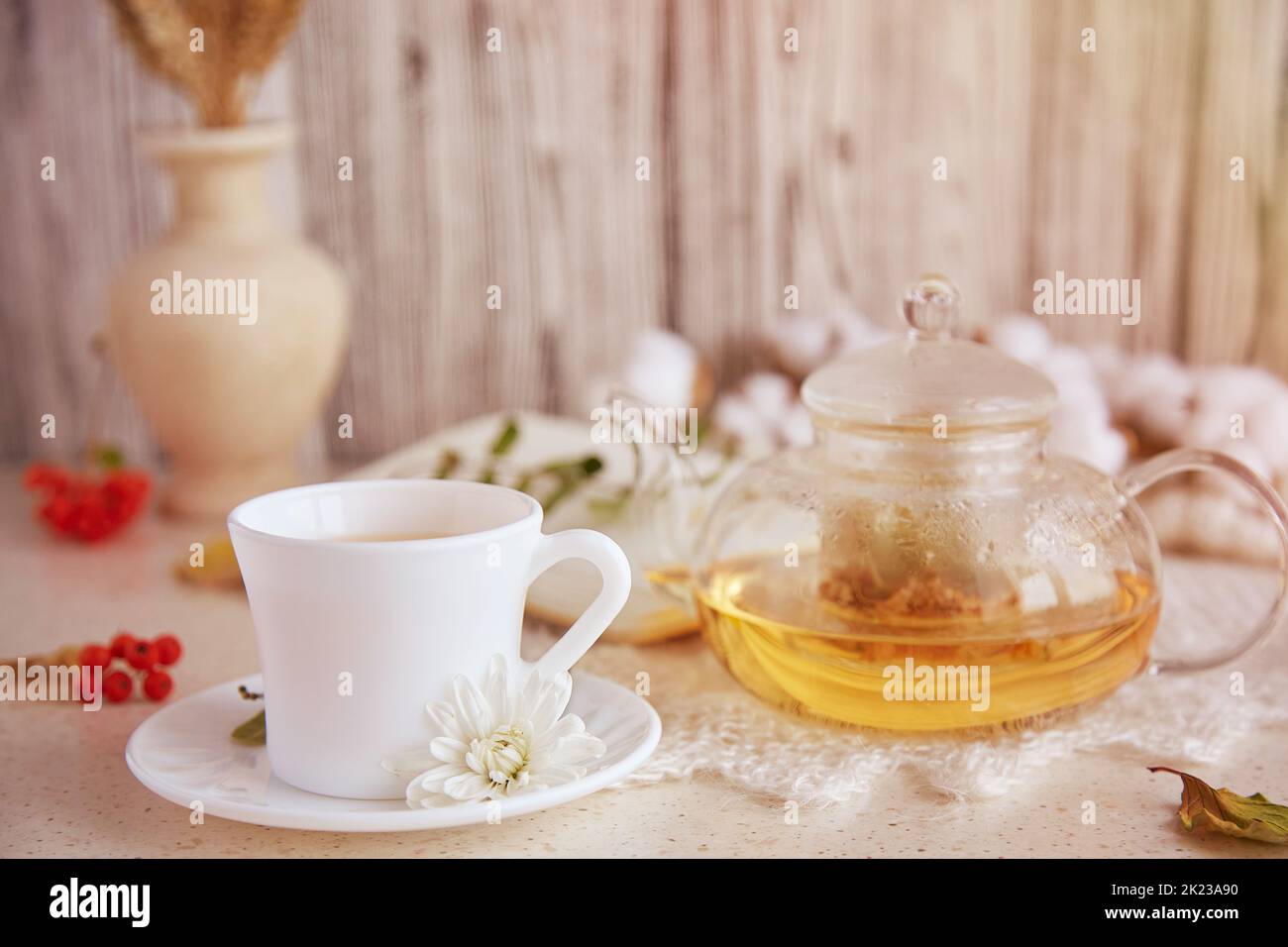 Natural organic linden tea in teapot and cup of tea. Dry fragrant ...