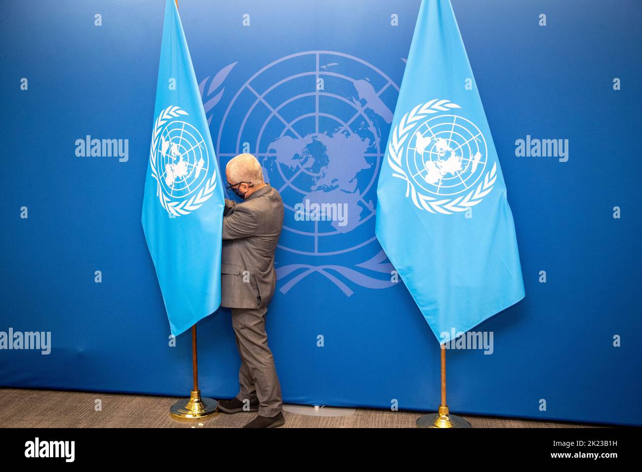UN flags pictured ahead of a bilateral meeting between the Belgian ...