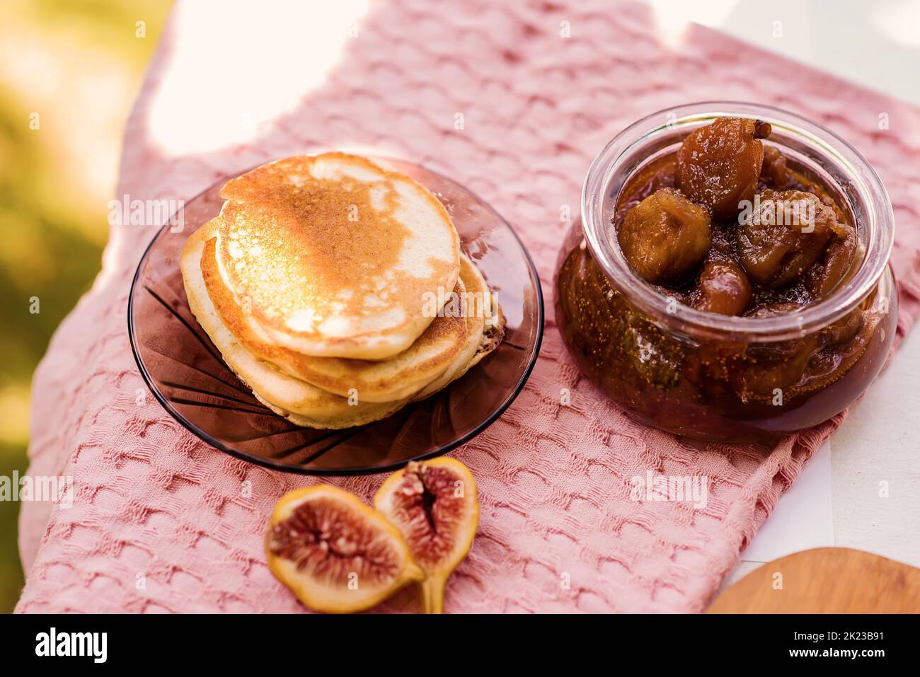 Homemade american pancakes with figs and honey. Healthy morning ...