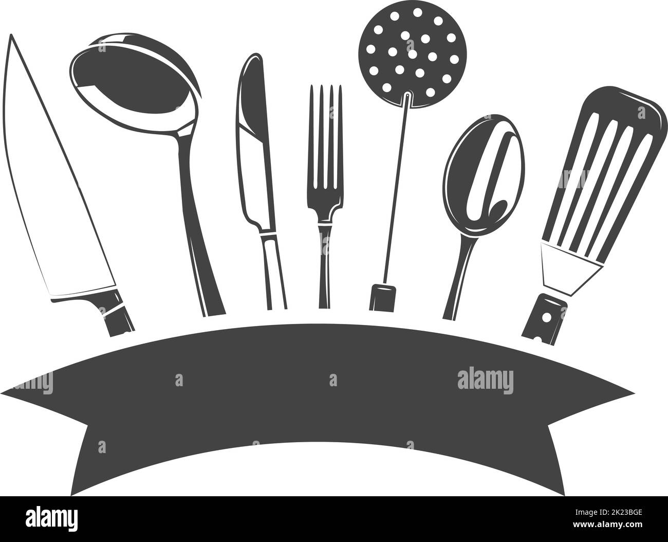 Cooking label logo. Kitchen tools with black ribbon Stock Vector Image ...