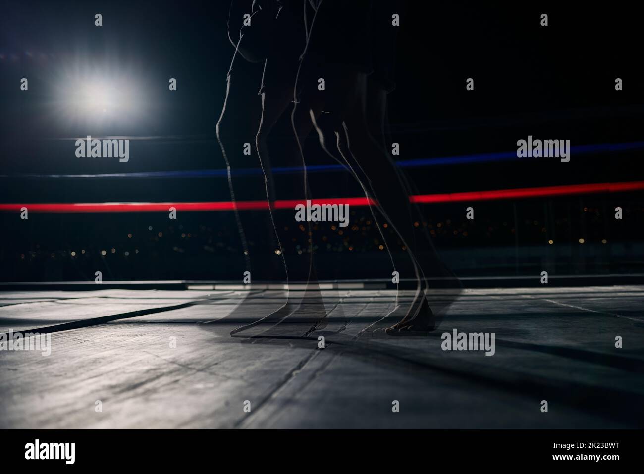 boxing ring, fitness legs and boxer man in a match, tournament or fight ...