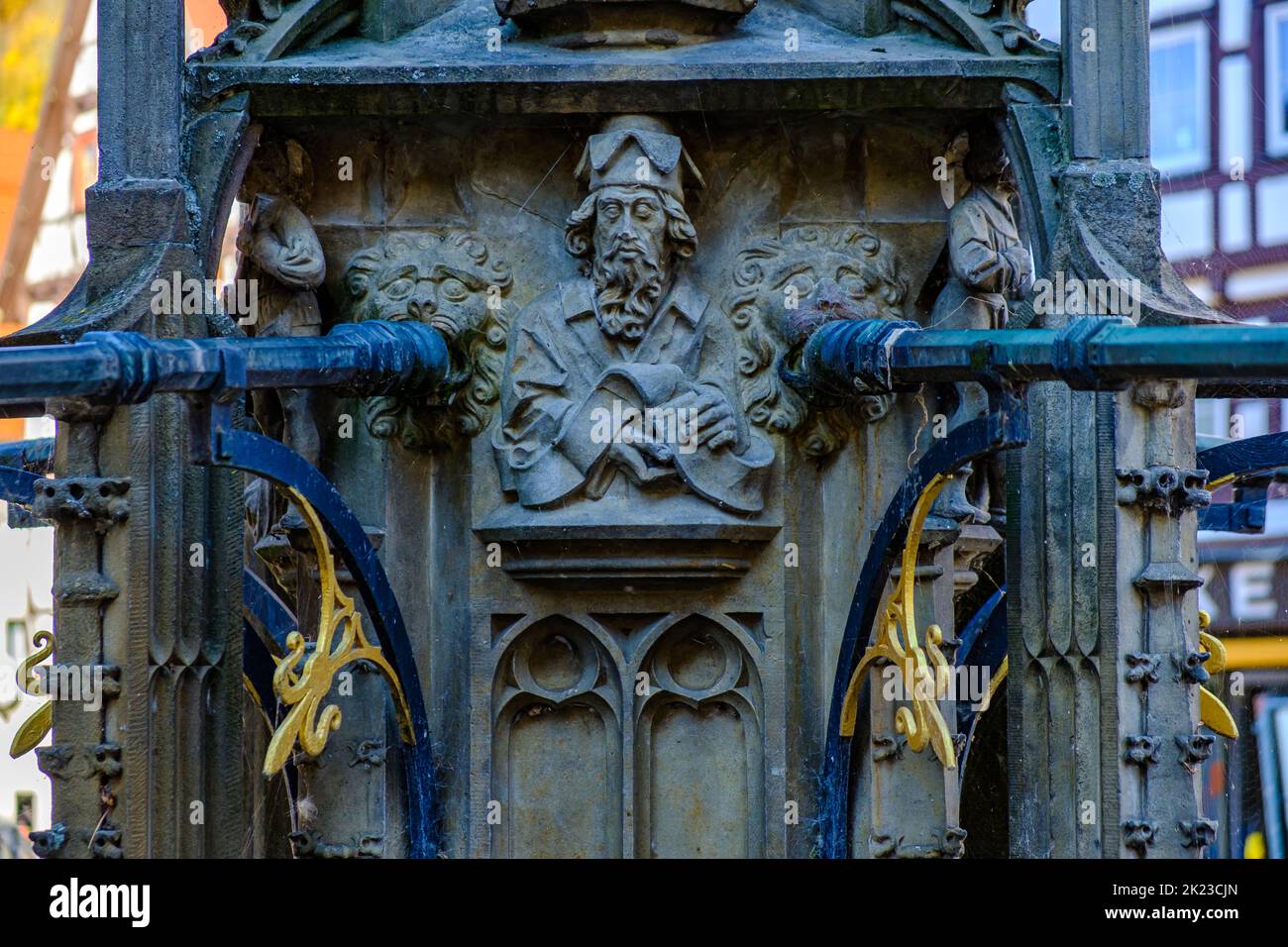 Detail of late Gothic market fountain from around 1500, Bad Urach ...
