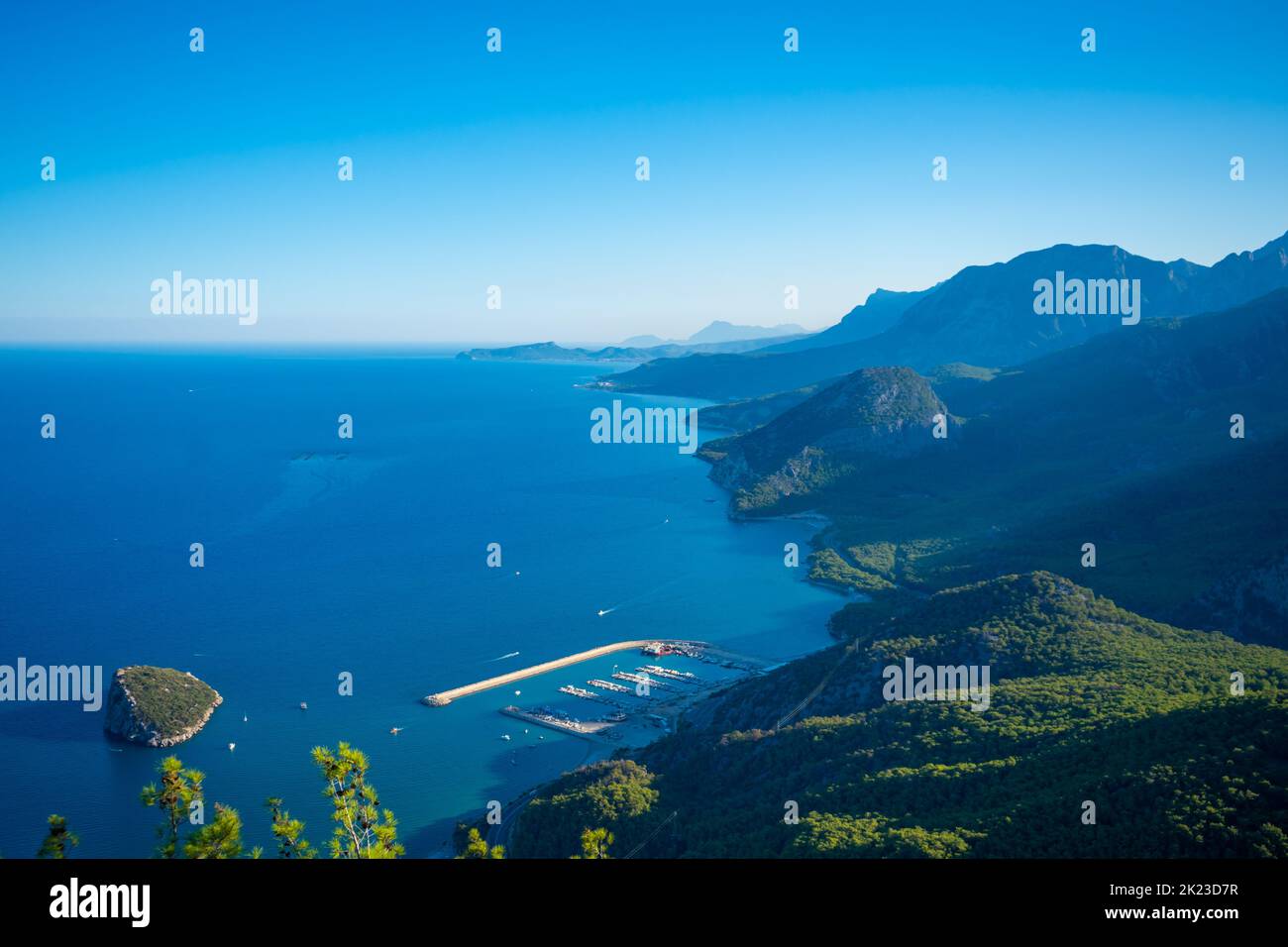 Panoramic view of Mediterranean sea, port and Turtle Island in Antalya ...