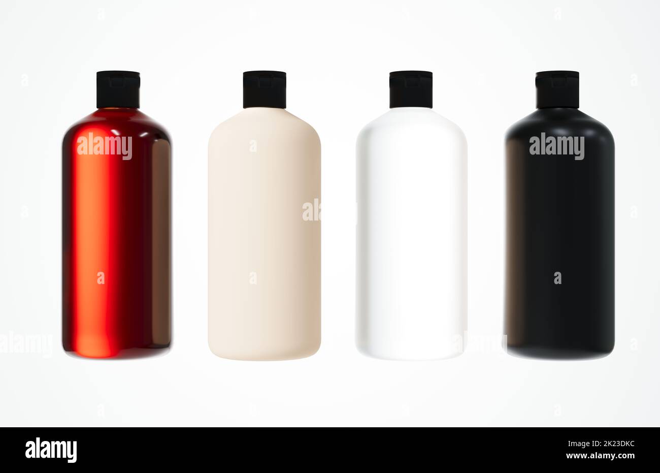 Four different shampoo bottles, plastic cosmetic packaging assorted set ...