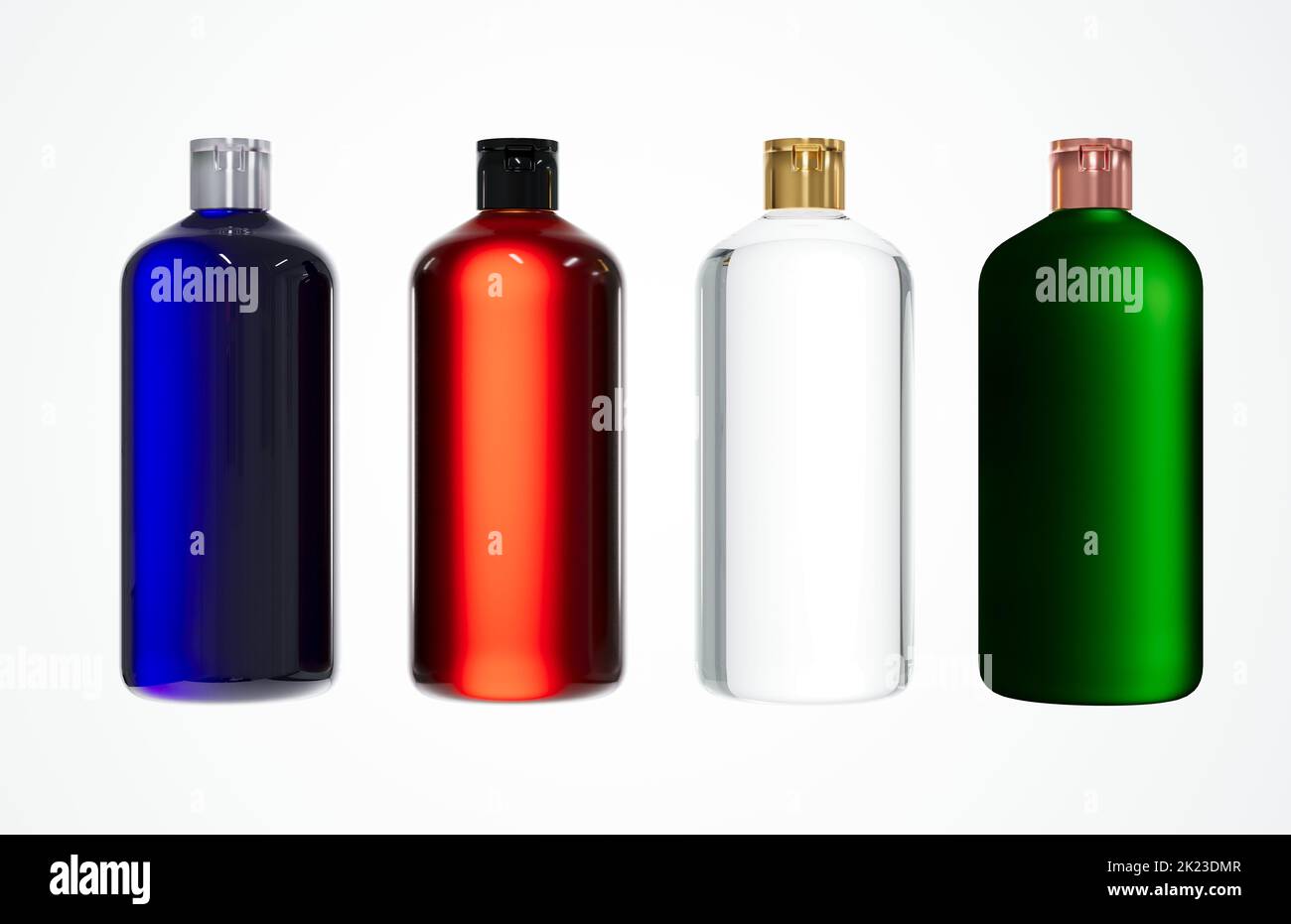 Four different shampoo bottles, plastic cosmetic packaging assorted set ...