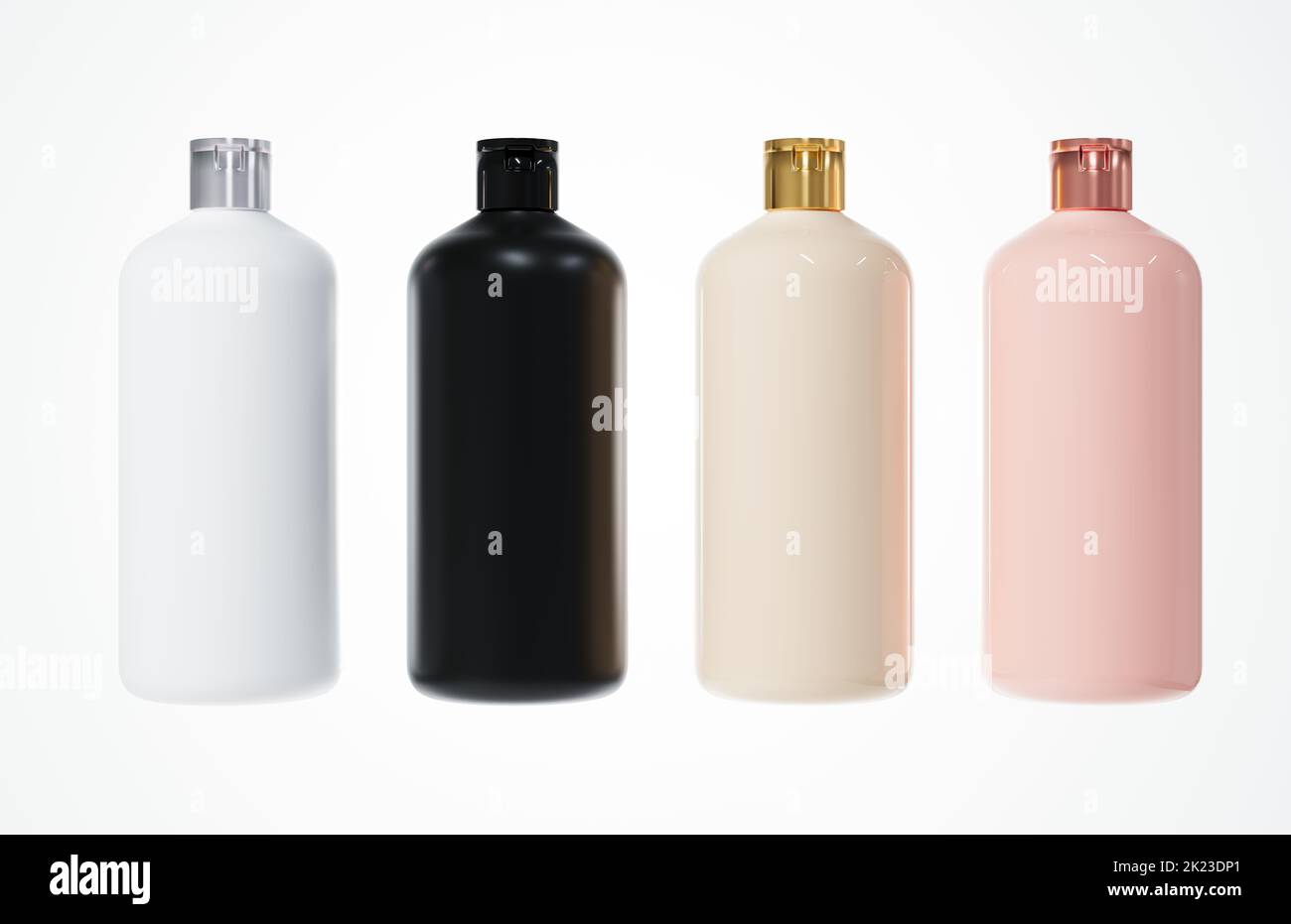 Four different color shampoo bottles, plastic cosmetic packaging ...