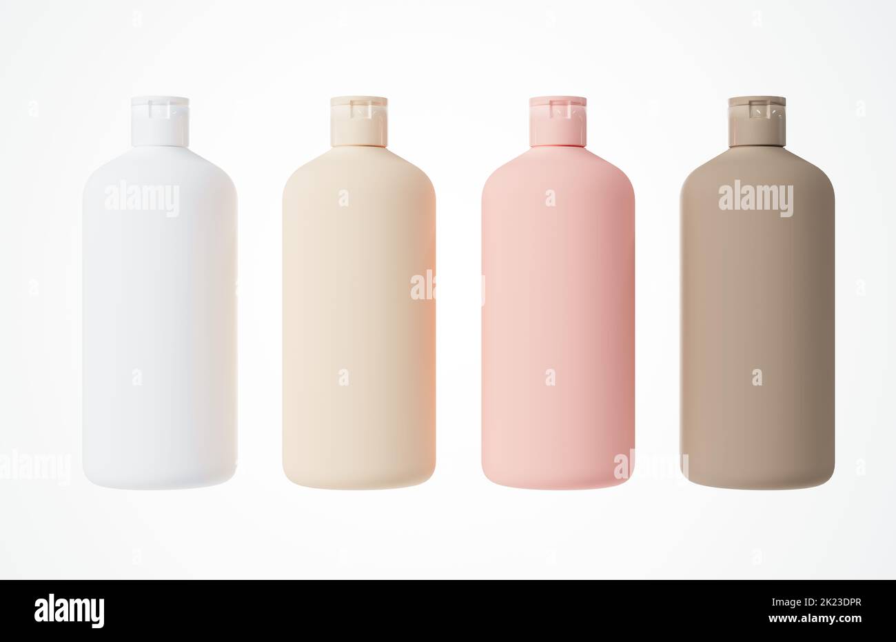 Four different shampoo bottles, pastel color plastic cosmetic packaging ...