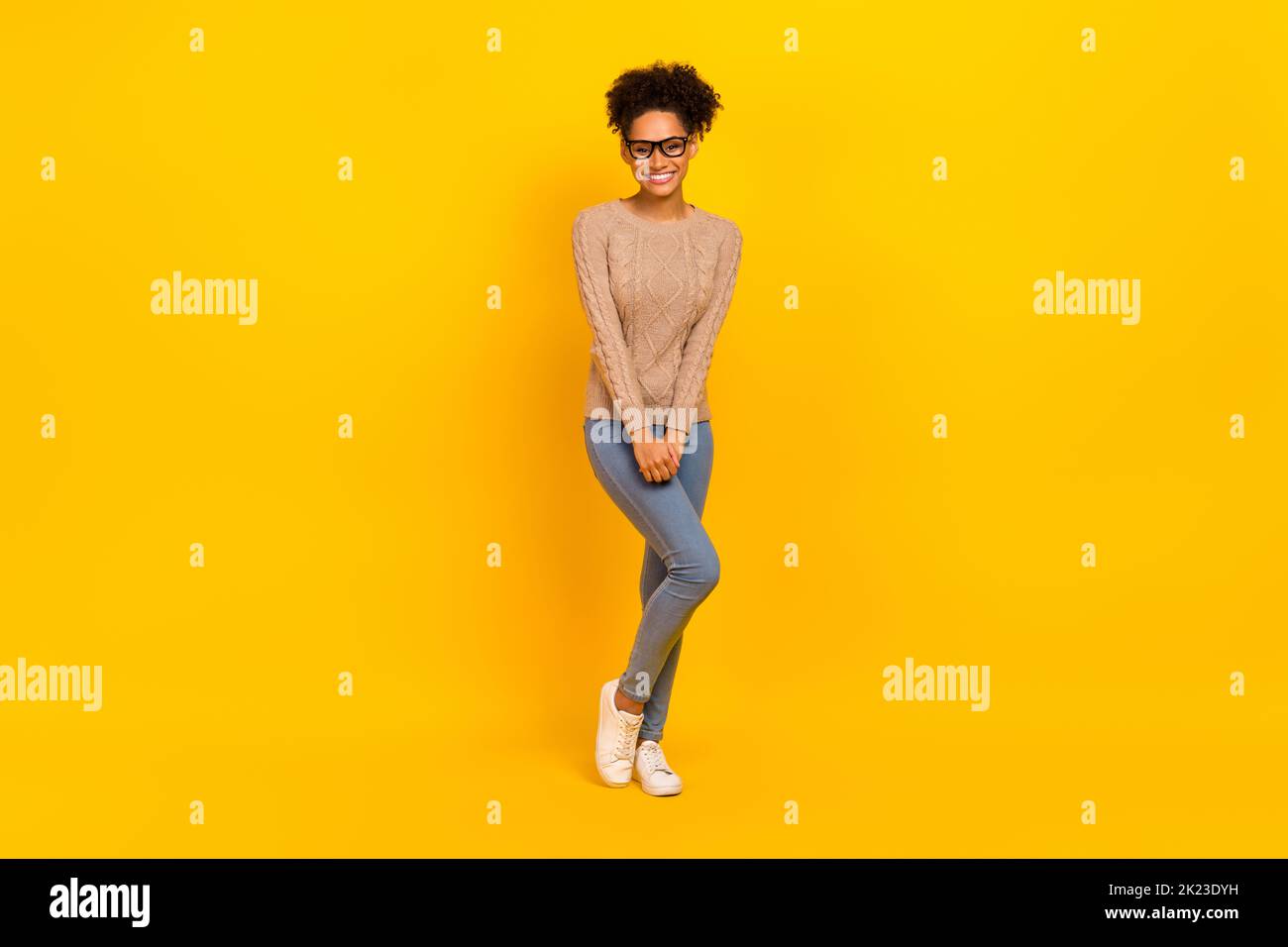 Full body photo of young pretty lady standing eyewear wear casual ...