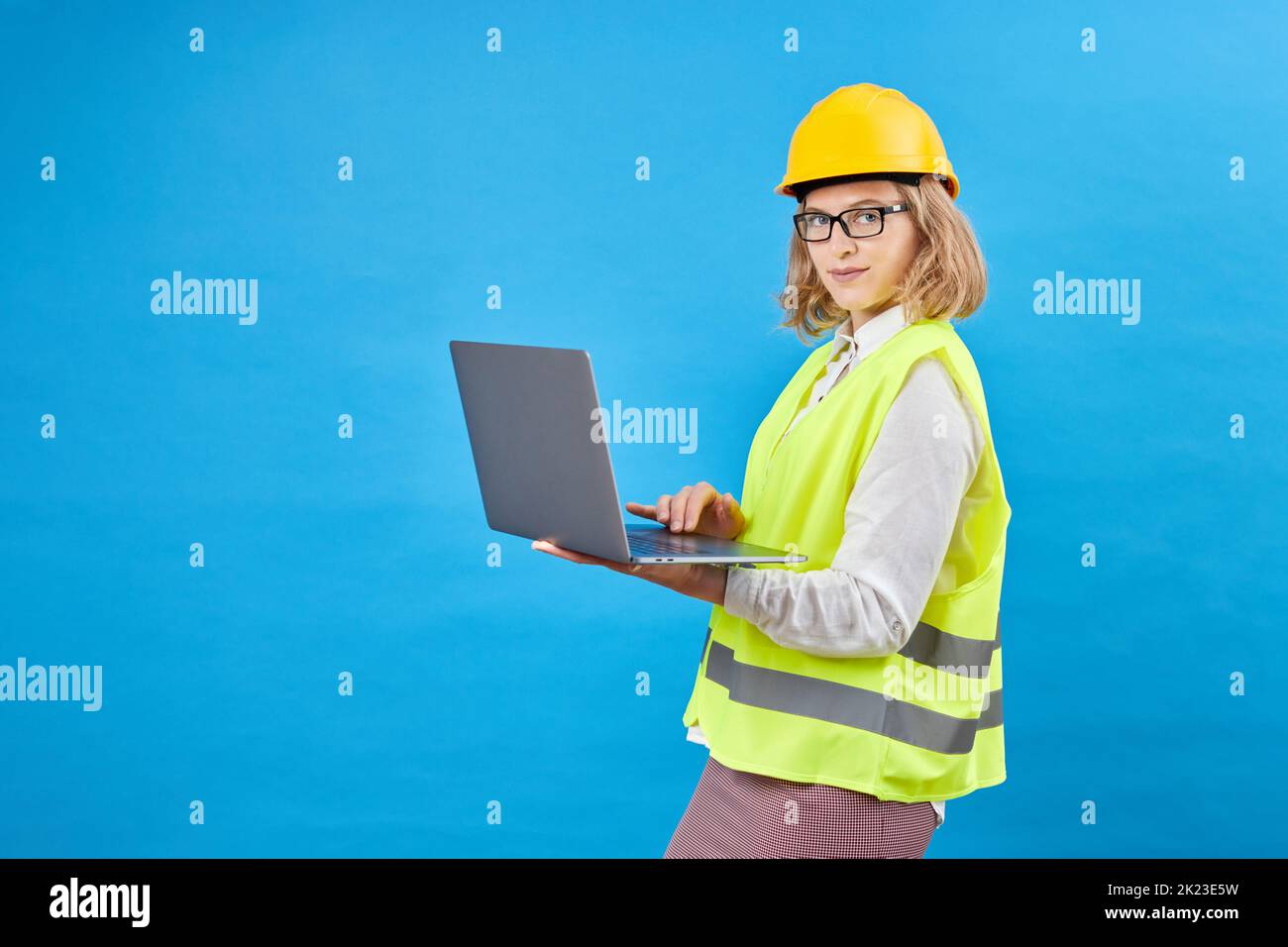 Studio shot of female professional engineering foreman manager wear ...