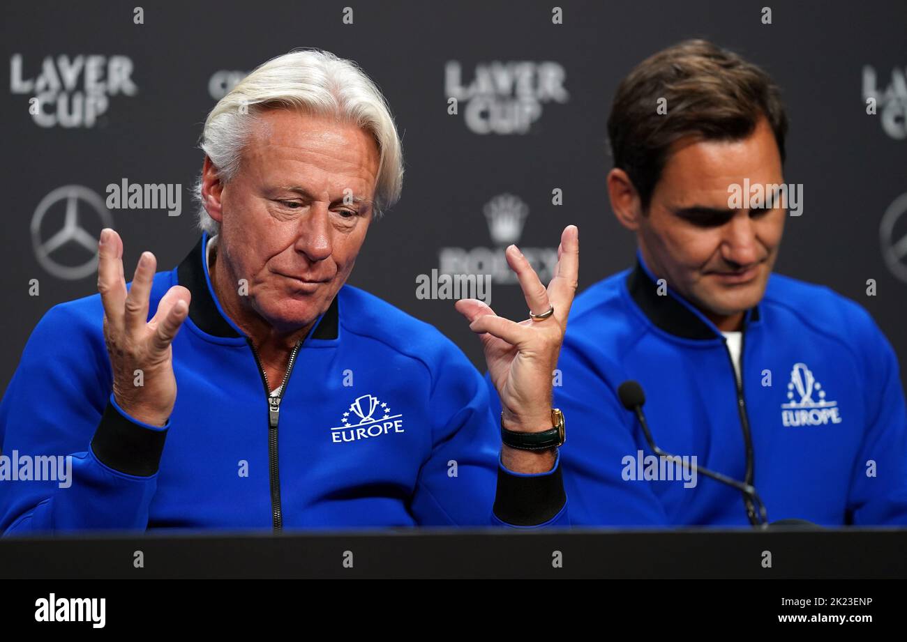 Team Europe captain Bjorn Borg and Roger Federer (right) during a press ...