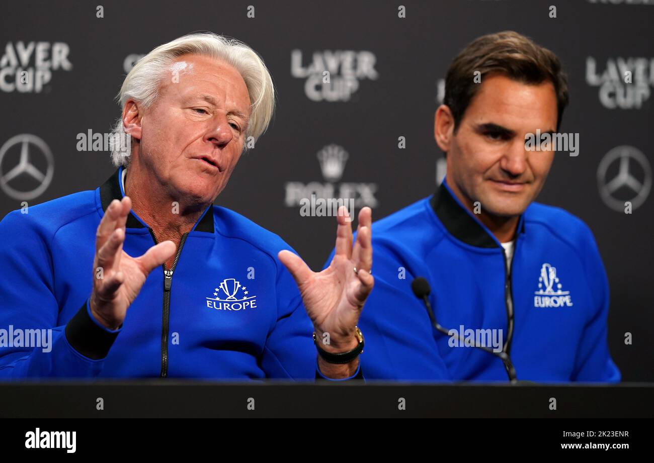 Team Europe captain Bjorn Borg and Roger Federer (right) during a press ...