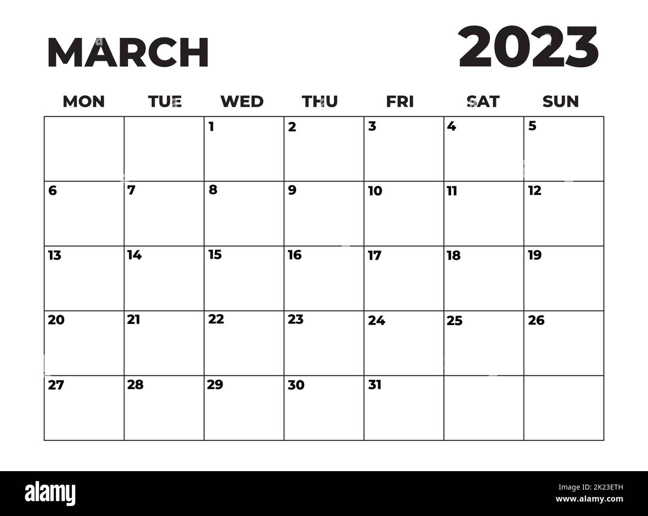 March 2023 Black and White Monday Start Landscaped Monthly Planner ...
