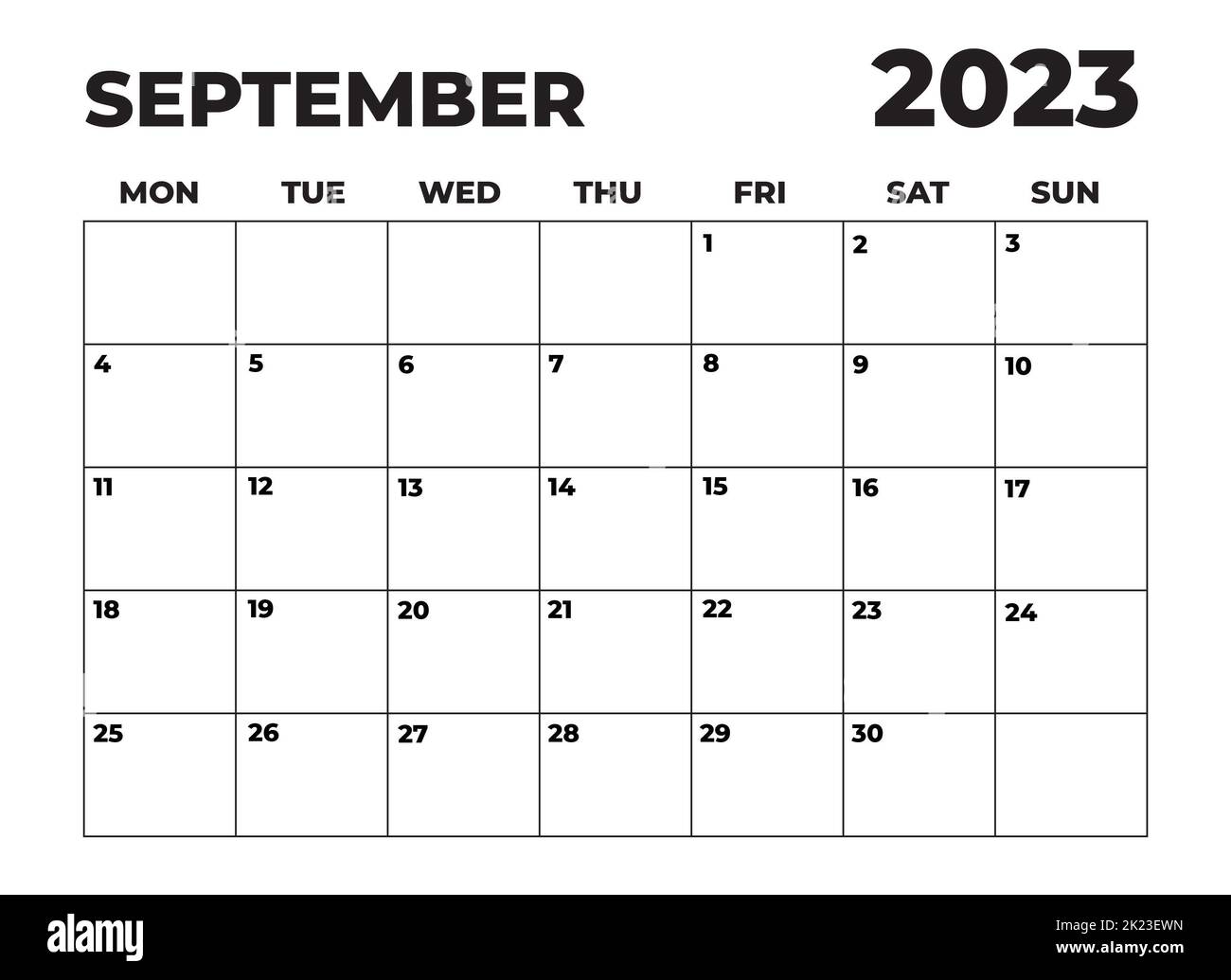 September 2023 Black and White Monday Start Landscaped Monthly Planner ...