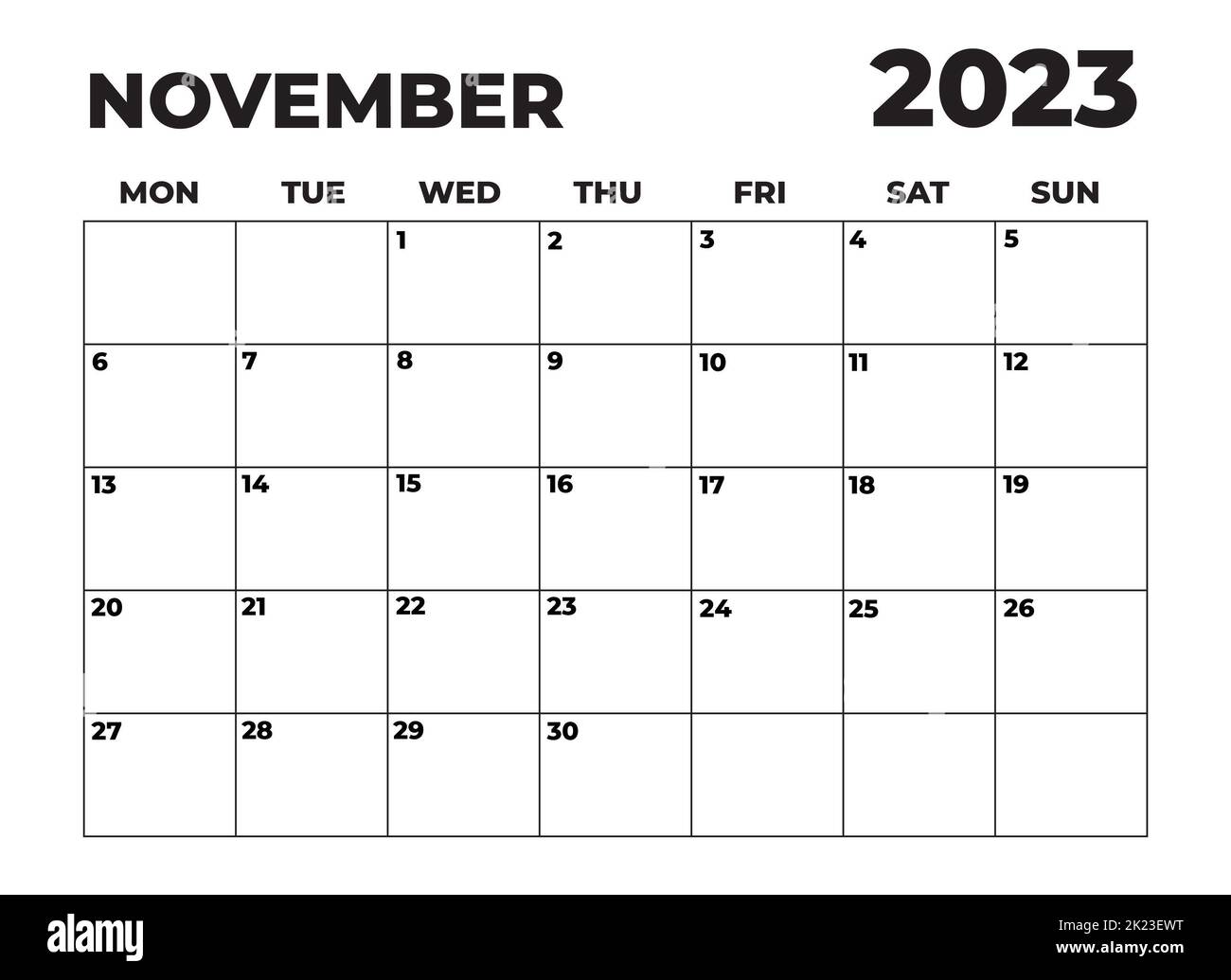 November 2023 Black and White Monday Start Landscaped Monthly Planner ...