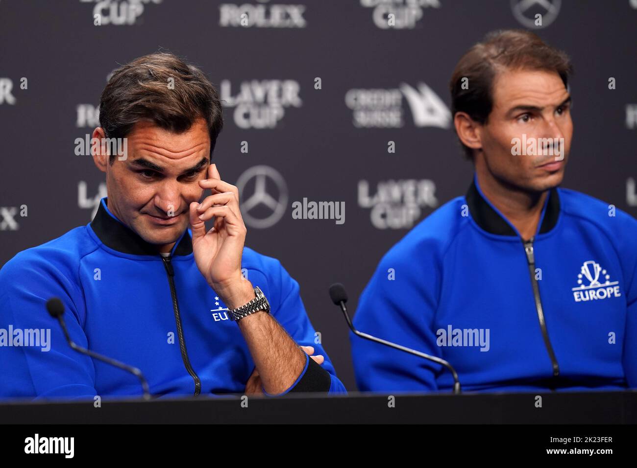 Team Europe's Roger Federer and Rafael Nadal (right) during a press conference ahead of the ...