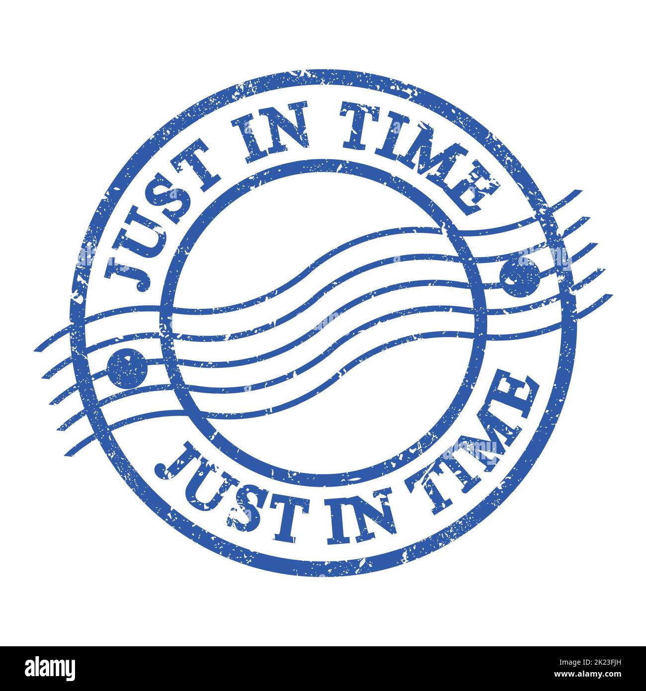 JUST IN TIME, text written on blue grungy postal stamp Stock Photo - Alamy