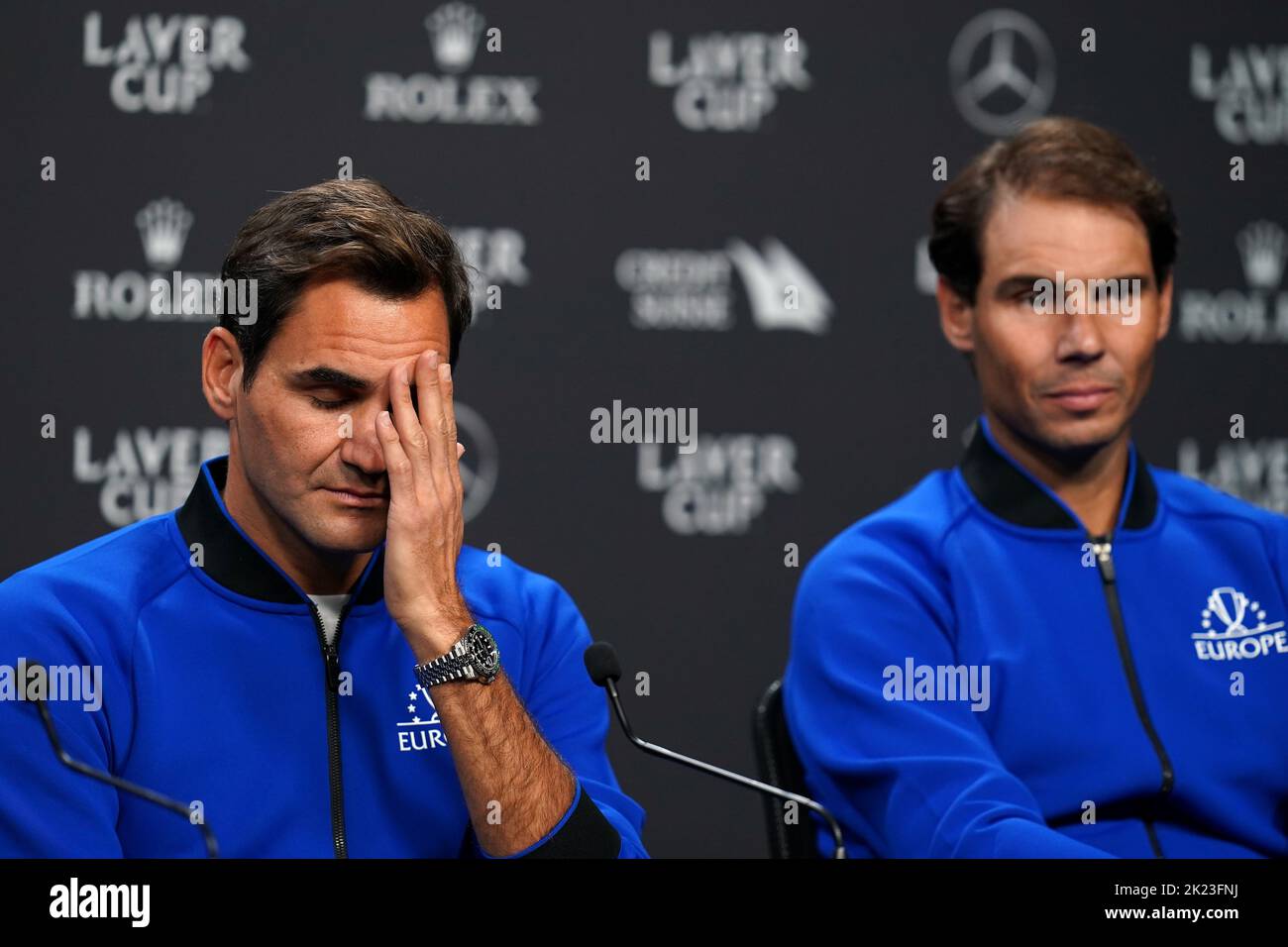 Team Europe's Roger Federer and Rafael Nadal (right) during a press conference ahead of the ...