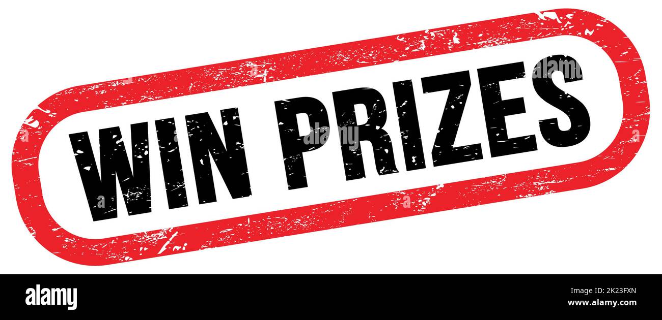 WIN PRIZES, text on red-black rectangle stamp sign Stock Photo - Alamy