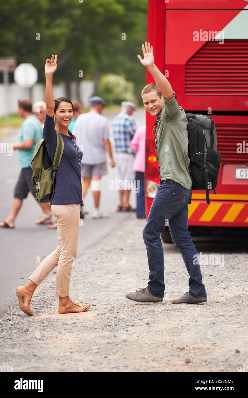 Woman waving bus hi-res stock photography and images - Alamy