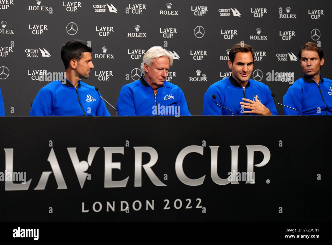 Team Europe's Novak Djokovic, captain Bjorn Borg, Roger Federer and Rafael Nadal (left-right ...