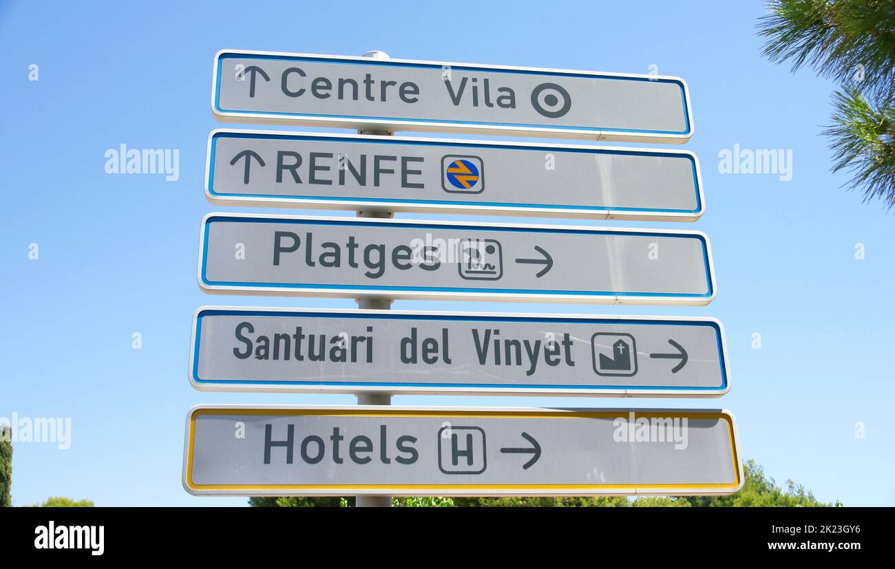 Vertical signage on a road in El Garraf, Barcelona, Catalunya, Spain ...