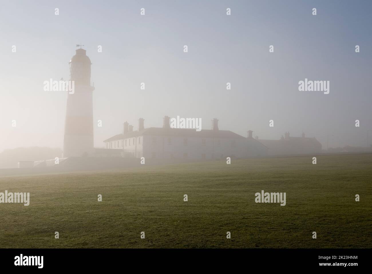 Souter Lighthouse on a foggy morning. North east coast of England Stock ...