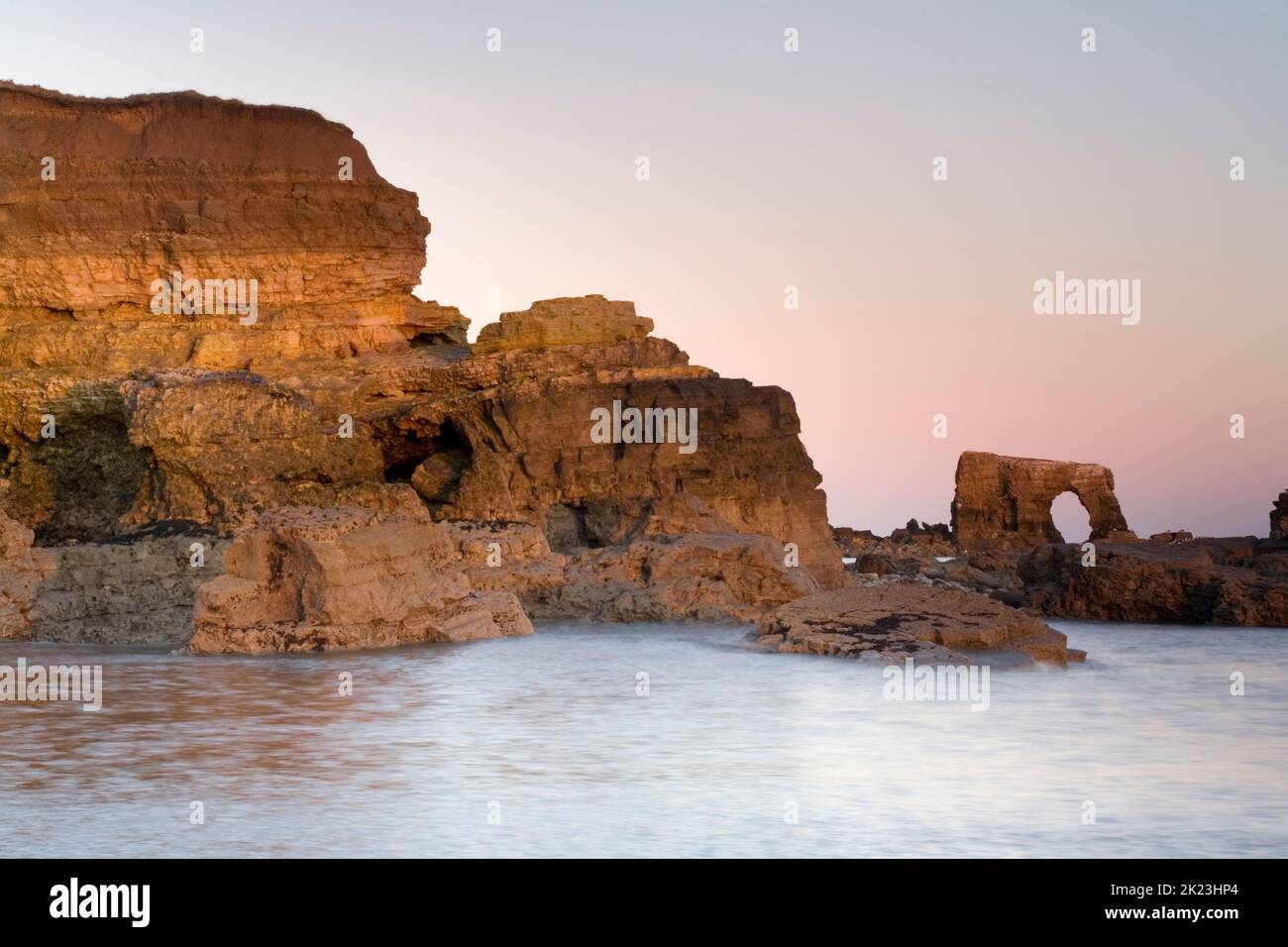 Sunrise over the stunning geology and limestone sea stacks on the Leas ...