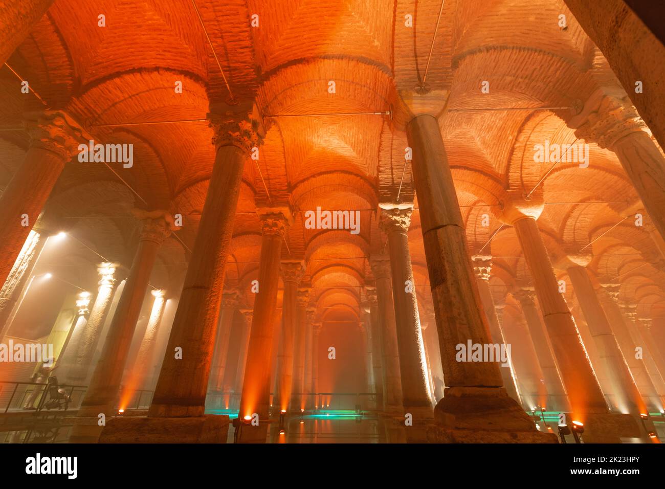 Vaults and columns of Basilica Cistern with orange light ambient ...