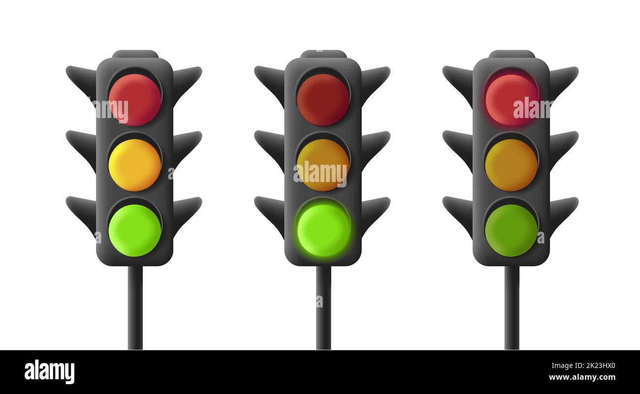 Traffic lights with all three colors on one by one, 3d ...
