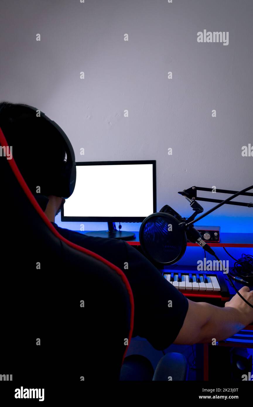 rear view of male music producer, working in home studio. vertical ...