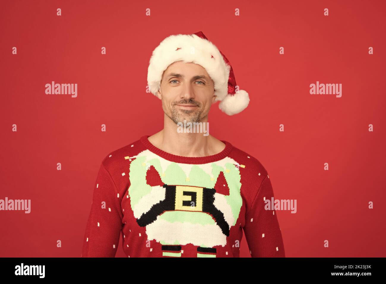 Is it too late to be good. Christams elf portrait. Man in santa hat and ...