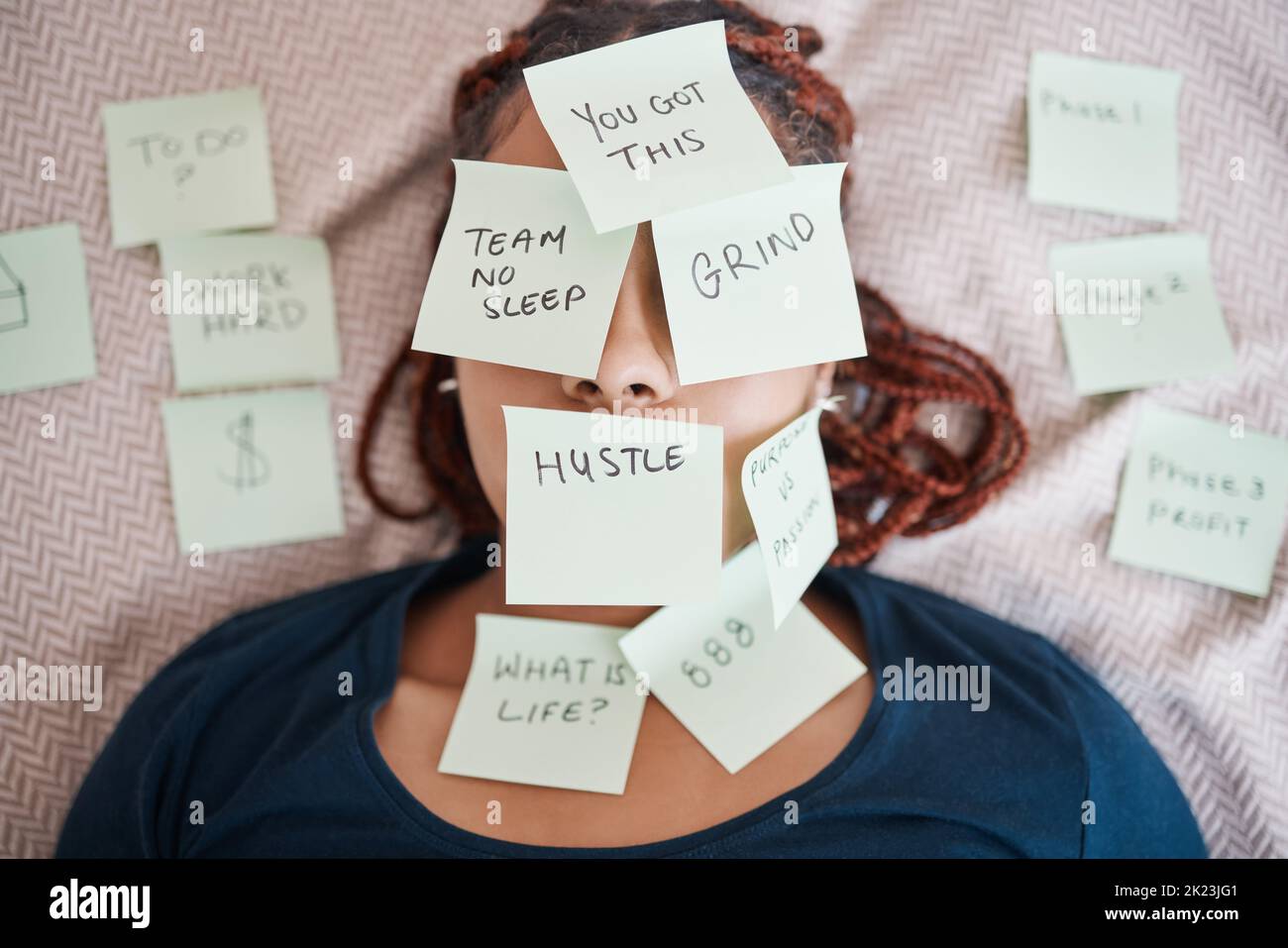 Tired, sticky note and sleeping woman in overworked, schedule or ...