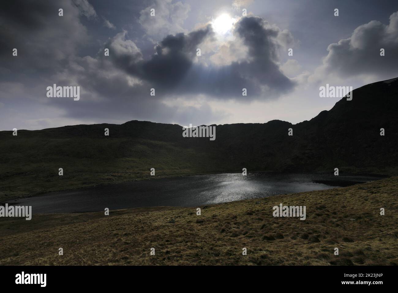Spring view over Red tarn, Swirral Edge and Helvellyn fell, Lake ...