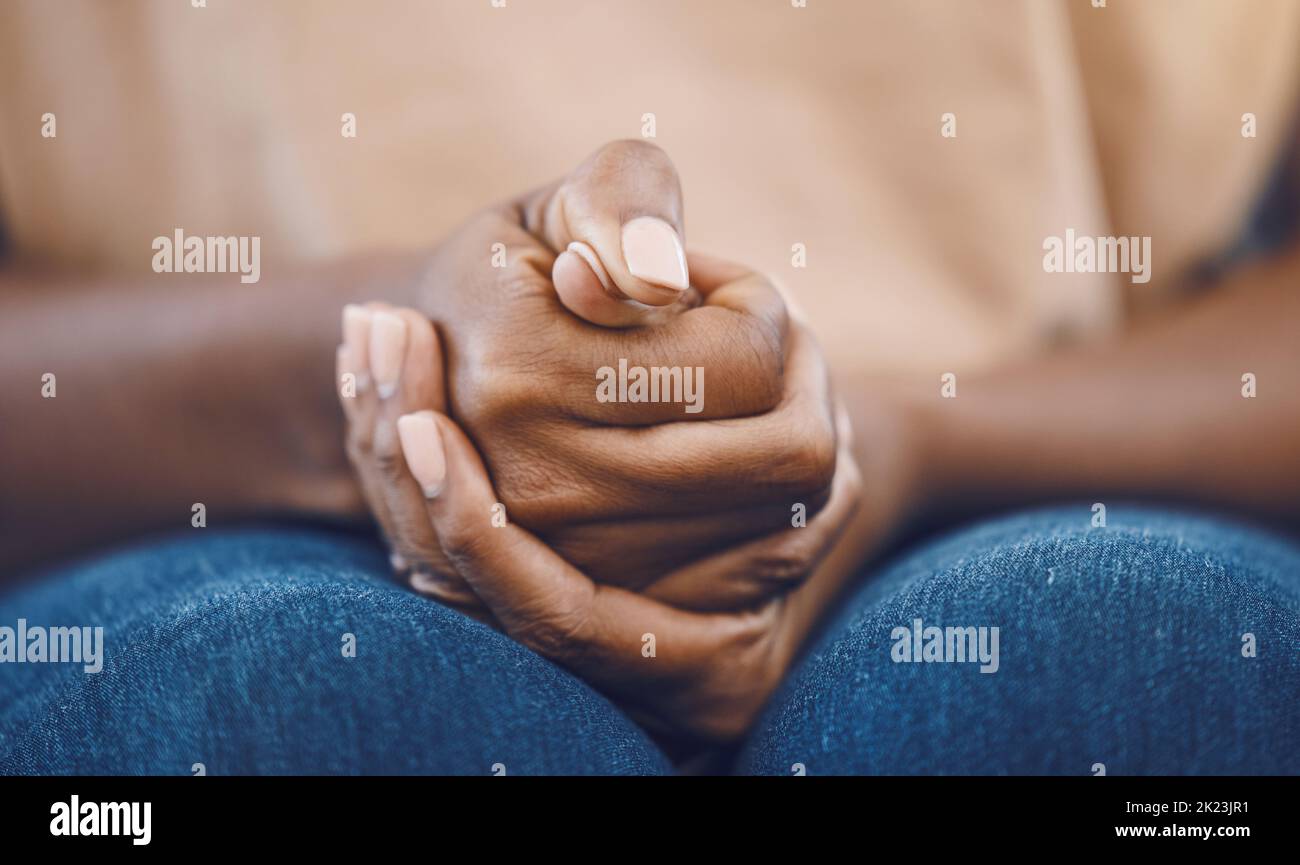 Stress, scared and sad black woman hands with difficult crisis problem ...