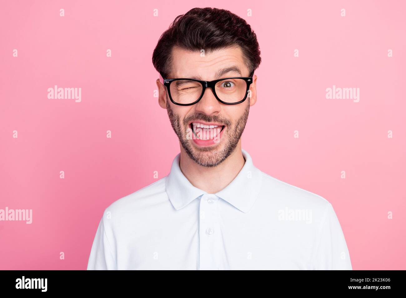 Closeup photo of young bearded handsome positive guy toothy smile ...