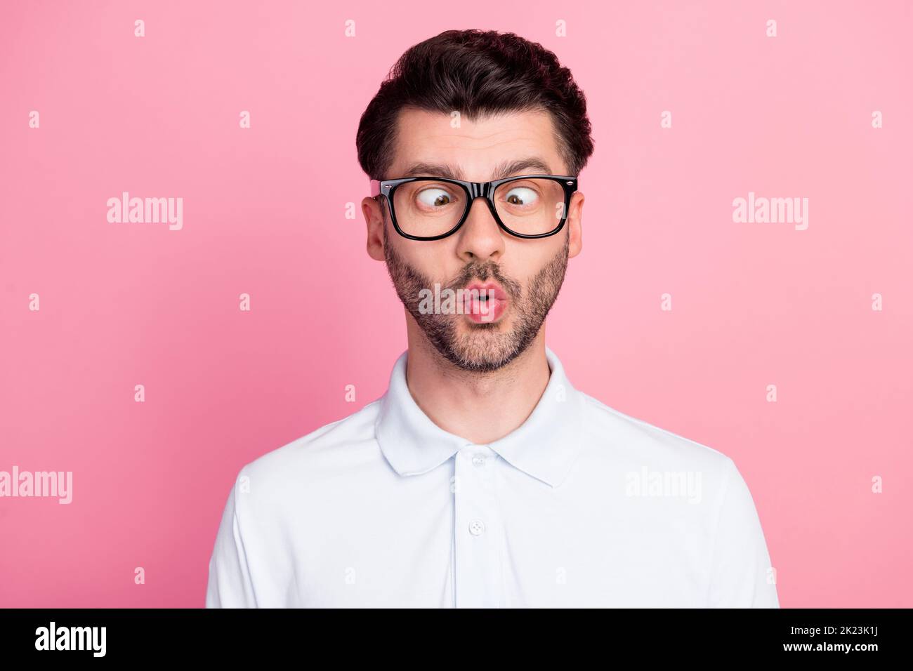 Closeup photo of young attractive handsome nice positive face grimacing ...