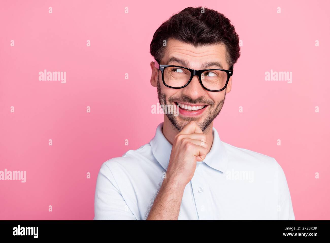 Closeup photo of young attractive handsome positive nice man touch chin ...