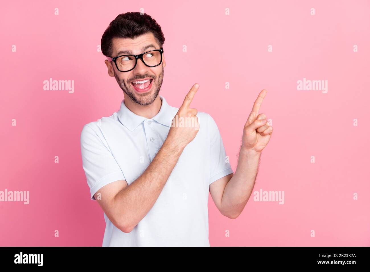 Portrait photo of young funny excited positive guy look pointing ...