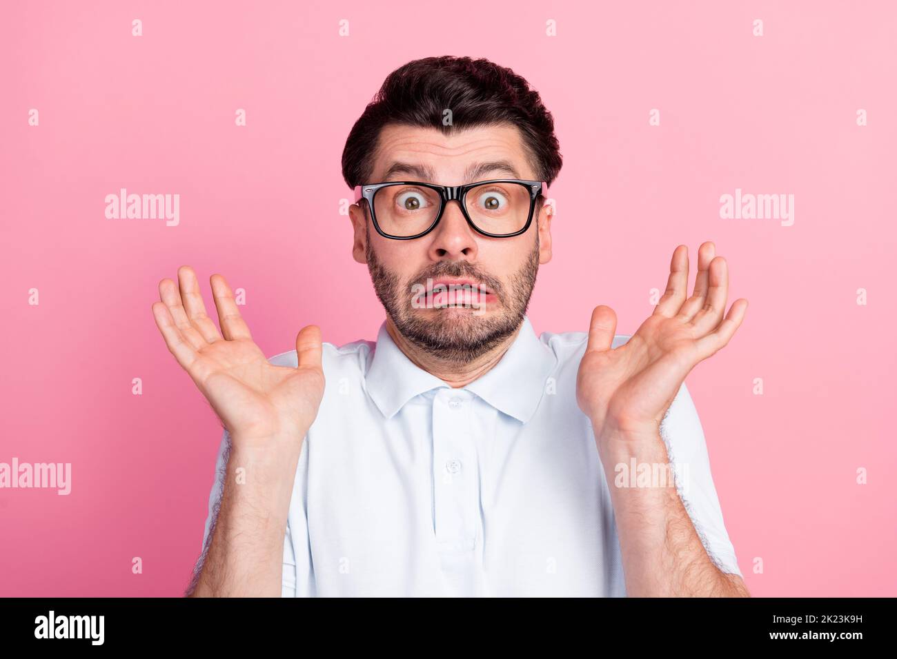 Photo of horrified employee feel fear about bankruptcy company isolated ...