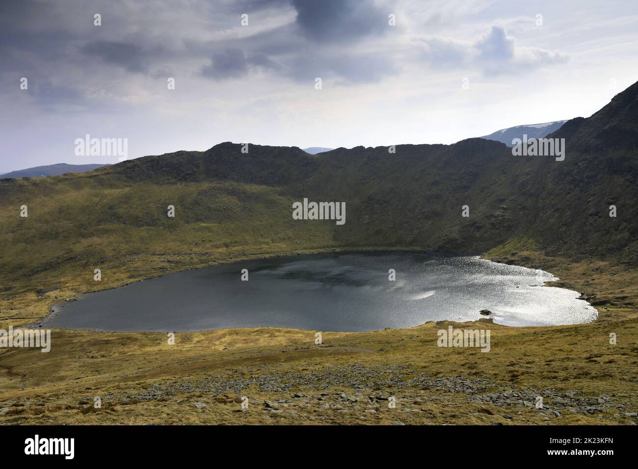 Spring view over Red tarn, Swirral Edge and Helvellyn fell, Lake ...